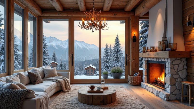 Cozy Winter Cabin Living Room with Fireplace and Mountain View at ...