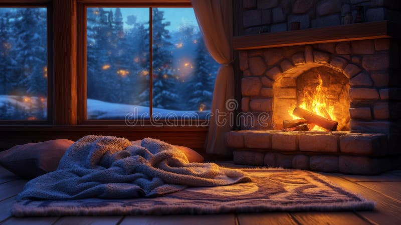 Cozy Winter Cabin Scene with Fireplace and Blanket Stock Illustration ...