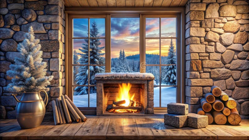 Cozy Winter Cabin Scene with Fireplace and Snowy Landscape View ...