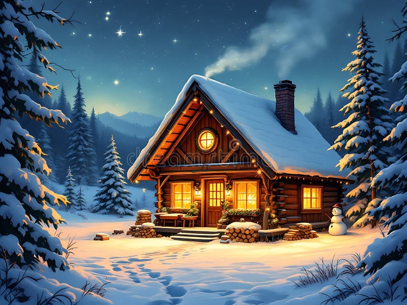 Cozy Winter Cabin in Snowy Village Stock Illustration - Illustration of ...