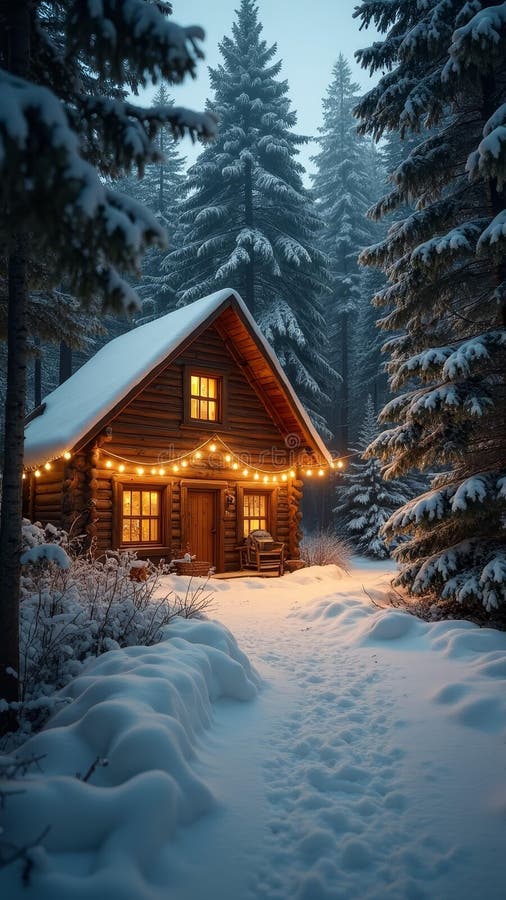 Cozy Winter Cabin in Snowy Forest with String Lights at Twilight Stock ...