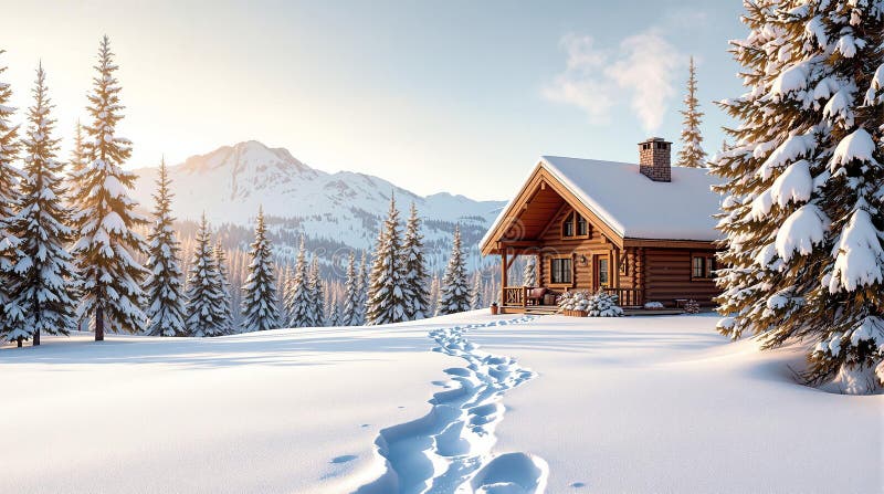 Cozy Winter Cabin in Snowy Mountain Landscape with Pine Trees Stock ...