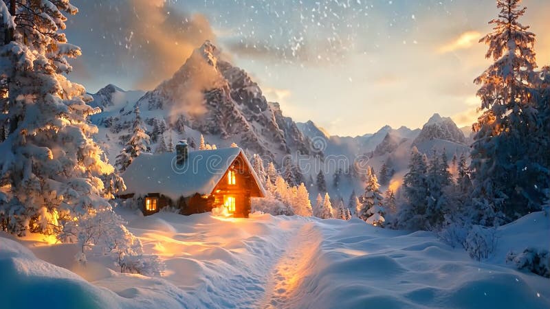 Cozy Winter Cabin in Snowy Mountain Landscape at Sunset Stock Video ...