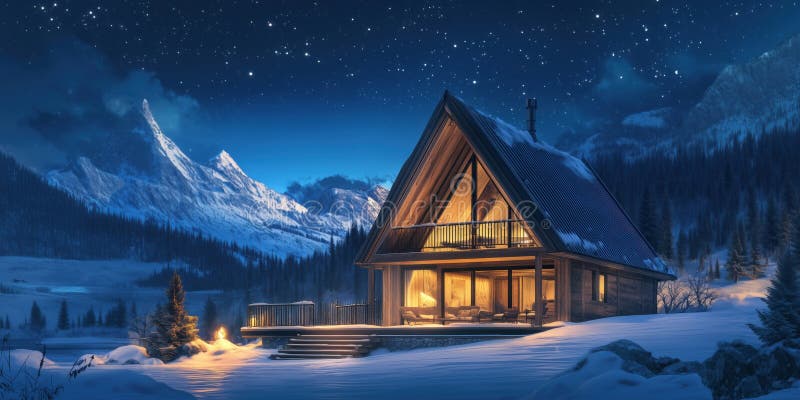 Cozy Winter Cabin in Snowy Mountains Under Starry Night Sky Stock Photo ...