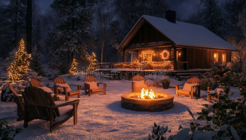Cozy Winter Cabin with Warm Fire Pit and Snowy Outdoor Setting Stock ...