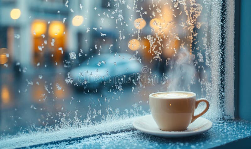 Cozy Winter Cafe View through a Frosty Window with a Cup of Cappuccino ...