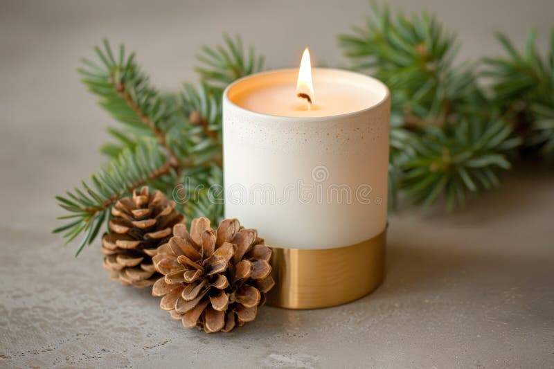 Cozy Winter Candle Scene with Pine Branches and Pine Cones Stock ...