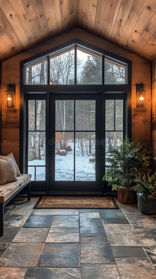 Cozy Winter Entrance with Natural Light and Rustic Decor in a Serene ...
