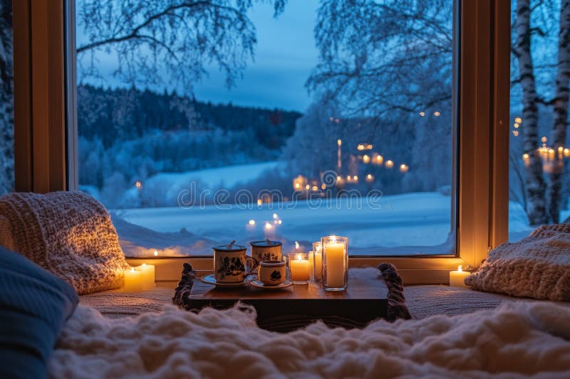 Cozy Winter Evening by Candlelight with Snowy Landscape View Stock Image - Image of candles ...