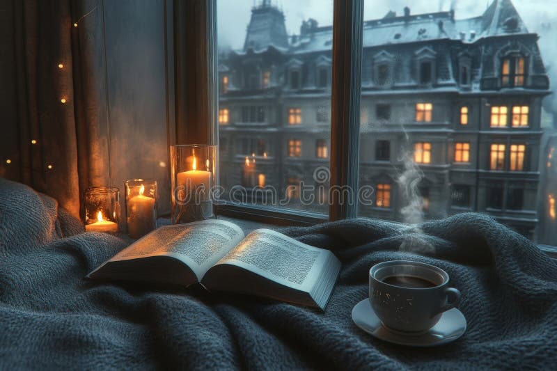 Cozy Winter Evening with Open Book, Candlelight, and Steaming Coffee by ...