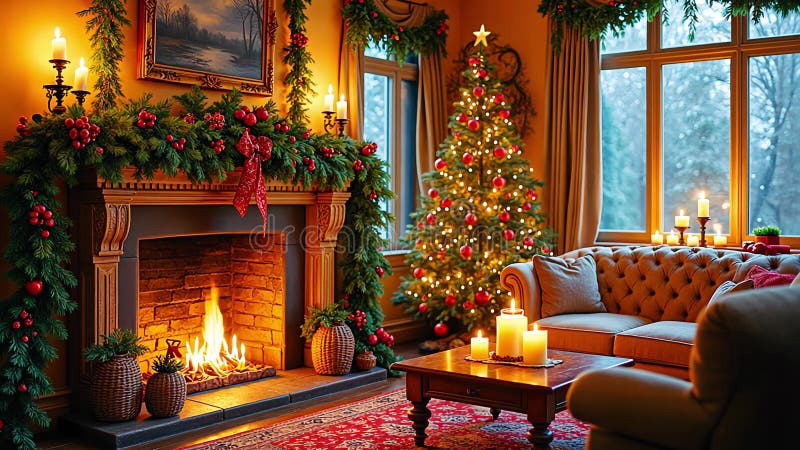 Cozy Winter Holiday Interior with Decorated Christmas Tree and ...