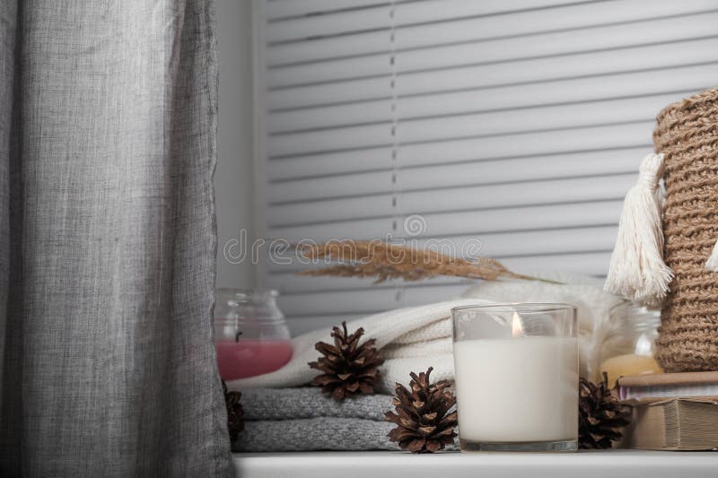 Cozy Winter Interior with Candlelight and Rustic Decor Stock Photo ...