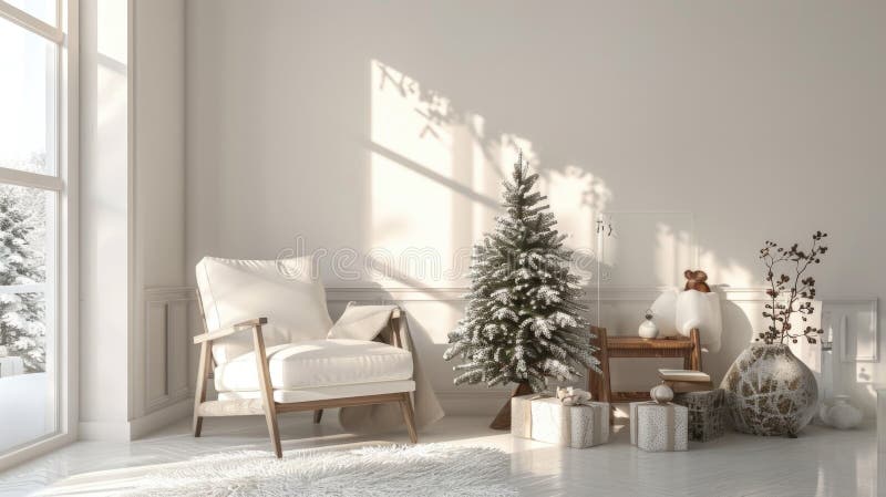 Cozy Winter Interior with Christmas Tree and Snowy Window View Stock ...