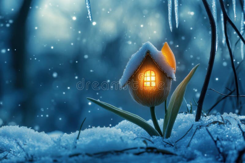 Cozy Winter Lantern House in Snowy Forest with Warm Glow and Icicles ...