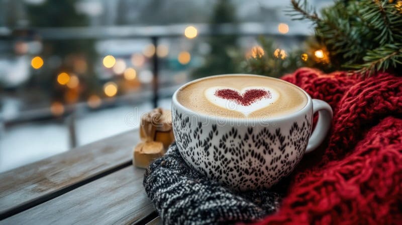 Cozy Winter Latte with Heart Art in Festive Setting on Wooden Table ...
