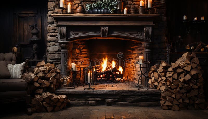 Cozy Winter Living Room with Glowing Log Fire Generated by AI Stock ...