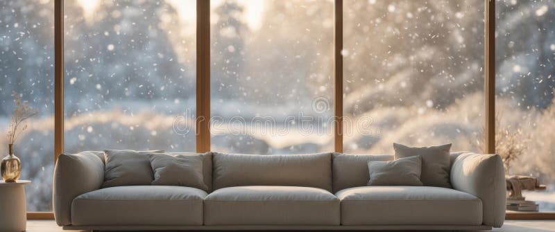 Cozy Winter Living Room with Sectional Sofa and Snow View Stock Photo ...