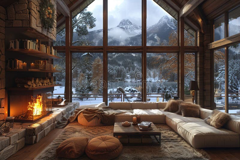 Cozy Winter Lodge with Fur Throws and a Roaring Fire3D Render Stock ...