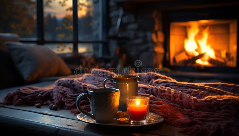 Cozy Winter Night Hot Tea, Book, Firewood, Comfortable Pillow Generated ...