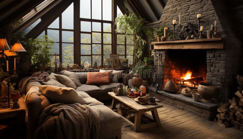 Cozy Winter Night, Illuminated by Rustic Fireplace Comforting Flame ...