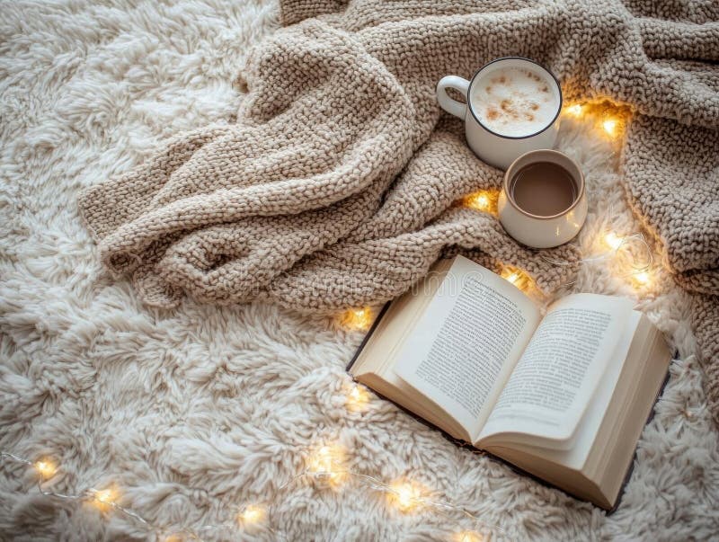 Cozy Winter Night in, Reading, Hot Drinks, and Fairy Lights Stock ...