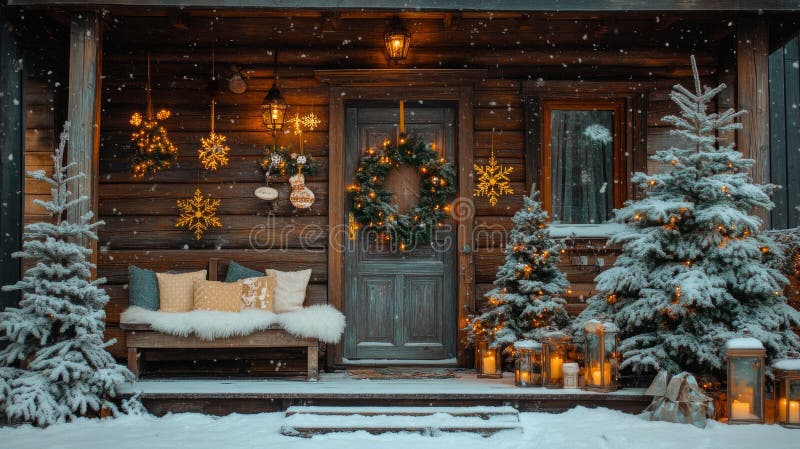 Cozy Winter Porch Decorated with Festive Lights and Snow-covered Trees ...