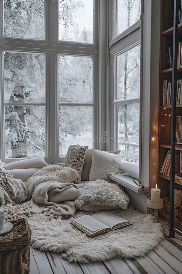 Cozy Winter Reading Nook with Snowy View. - AI Generated Stock ...
