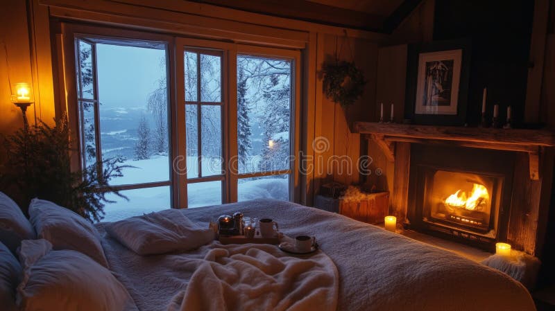 Cozy Winter Retreat with Fireplace and Snowy Forest View Stock Photo ...