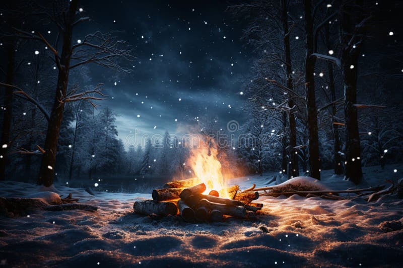 Cozy Winter Scene Bonfire in the Snowy Forest at Night Stock ...