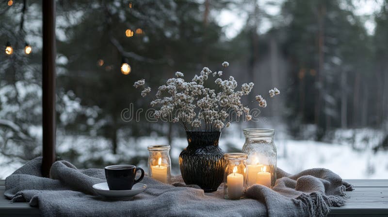Cozy Winter Scene with Candles and Coffee on a Rustic Outdoor Table ...