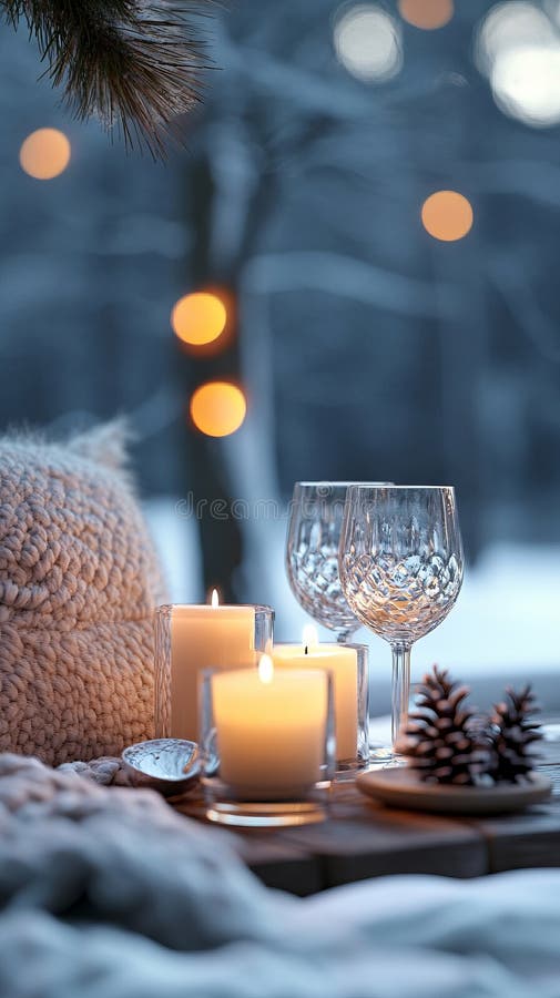A Cozy Winter Scene with Candles, Wine Glasses, and Pine Cones Stock ...
