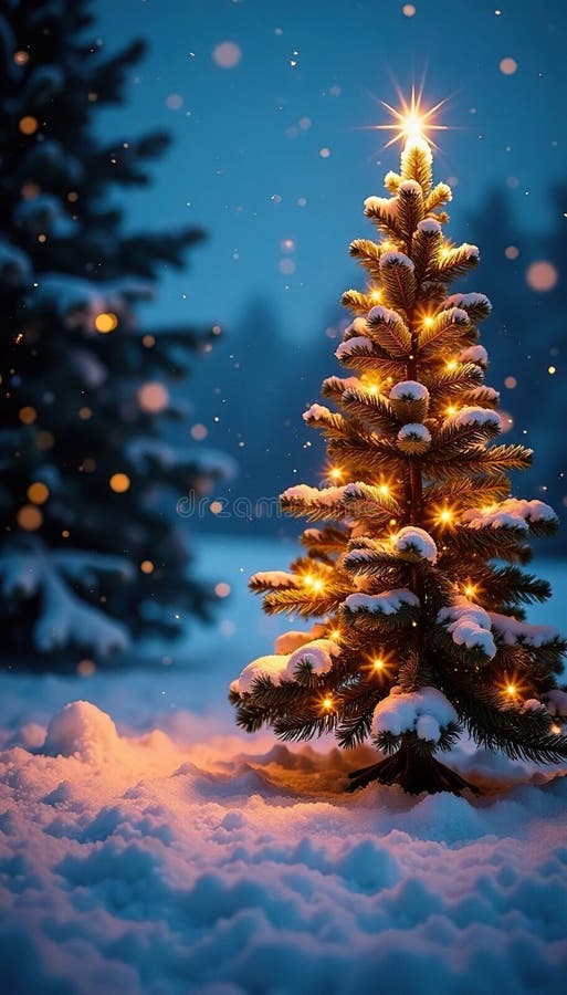 Cozy Winter Scene with Christmas Tree Lit from Above, White Snow, Snow ...