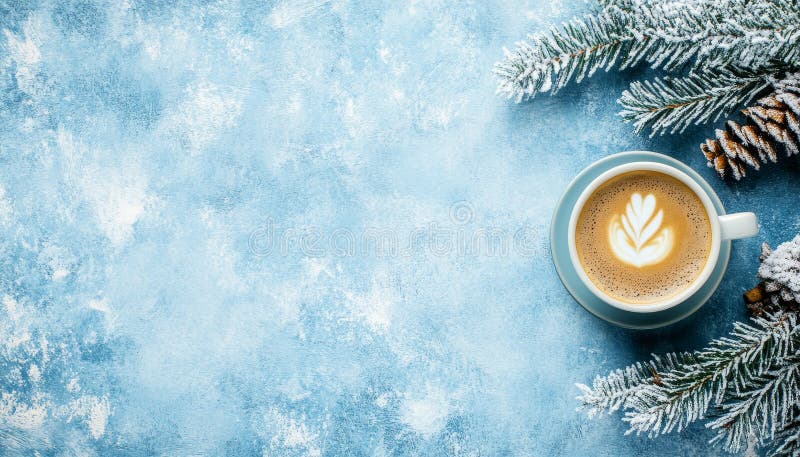 Cozy Winter Scene Featuring Coffee Cup and Christmas Tree Branches on a ...