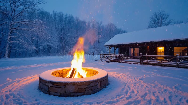 Winter Scene Fire Pit by Cabin in Snowfall Stock Video - Video of ...