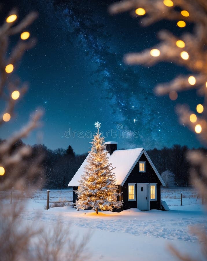 Cozy Winter Scene Featuring a Small House and a Decorated Tree Under a ...
