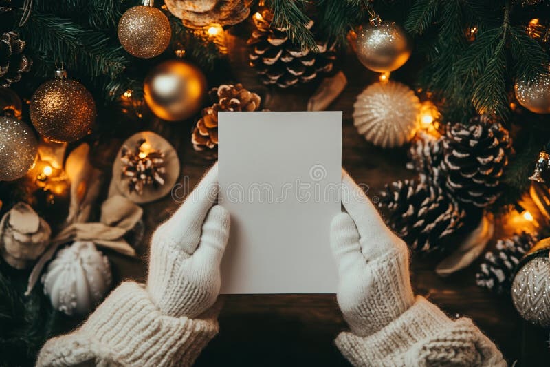 Cozy Winter Scene Festive Decor Hands Holding Blank Card Stock Photos ...