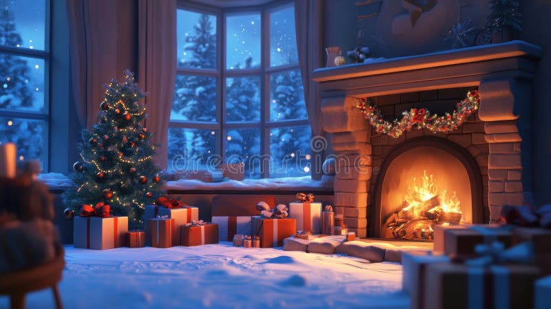 Cozy Winter Scene with Gifts by the Fire Stock Illustration ...