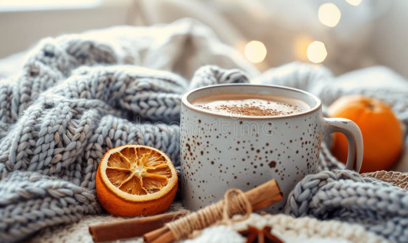 Cozy Winter Scene with Hot Chocolate and Orange on Blanket Stock Photo ...