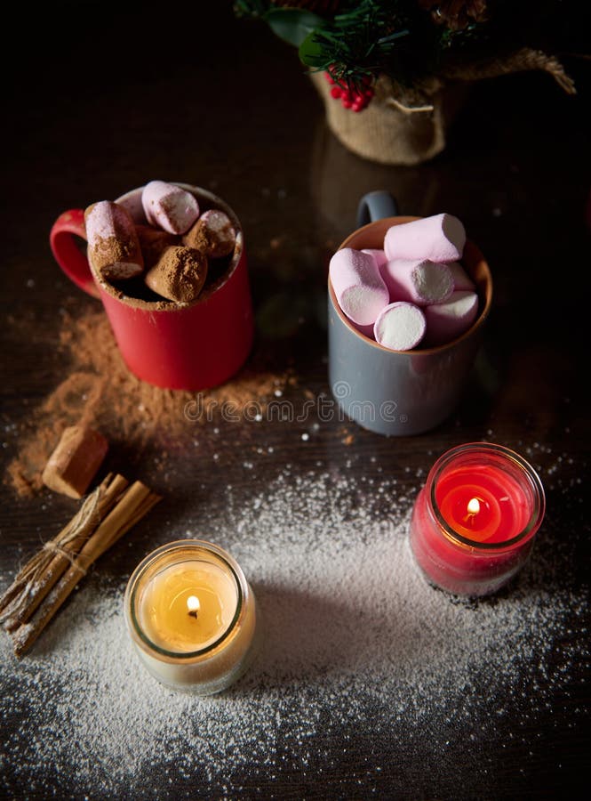 Cozy Winter Scene with Hot Cocoa and Marshmallows on a Rustic Table ...