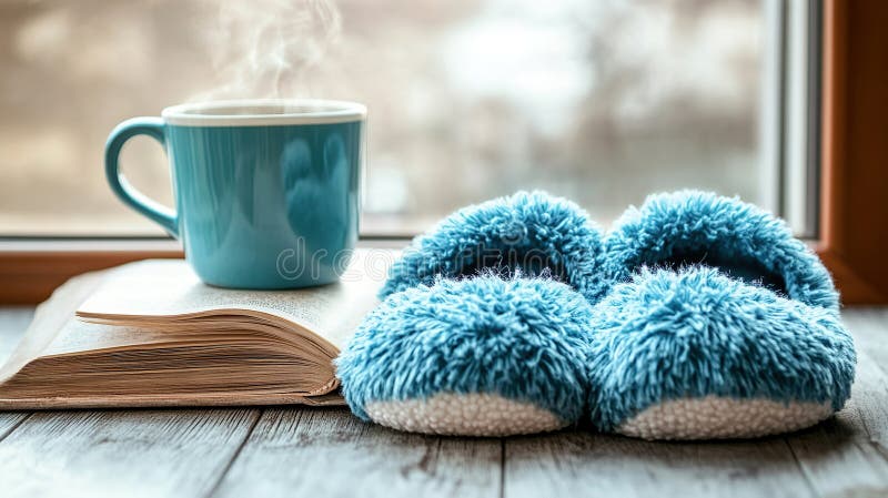 Cozy Winter Scene Hot Drink, Slippers, Book Stock Illustration ...
