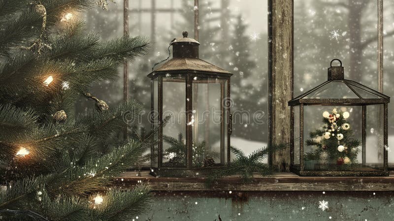 Cozy Winter Scene with Lanterns, a Decorated Christmas Tree, and ...