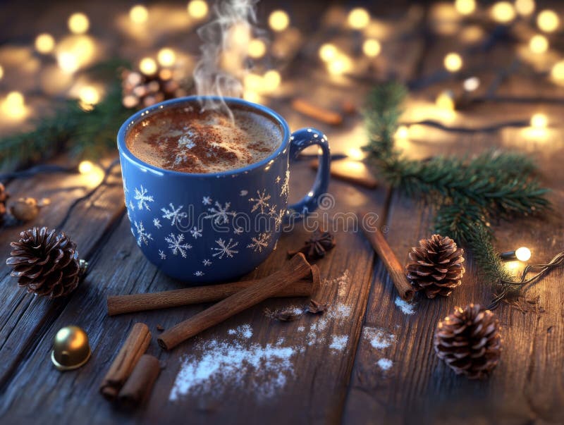A Cozy Winter Scene with a Mug of Steaming Hot Cocoa and Holiday ...