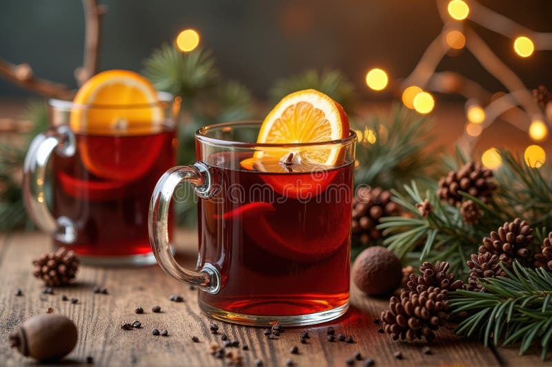 Cozy Winter Scene with Mulled Wine and Holiday Lights on Rustic Table ...