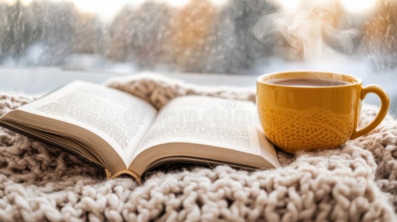 Cozy Winter Scene with Open Book and Steaming Cup on Knitted Blanket by ...