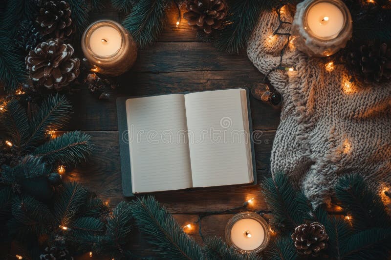 Cozy Winter Scene with Open Journal and Candles on Rustic Wooden Table ...