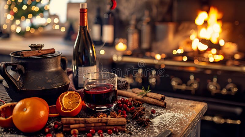 Cozy Winter Scene with Pot of Mulled Wine Simmering Stock Illustration ...