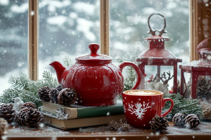 Cozy Winter Scene with Red Teapot and Snowflake Mug by Lanterns and ...