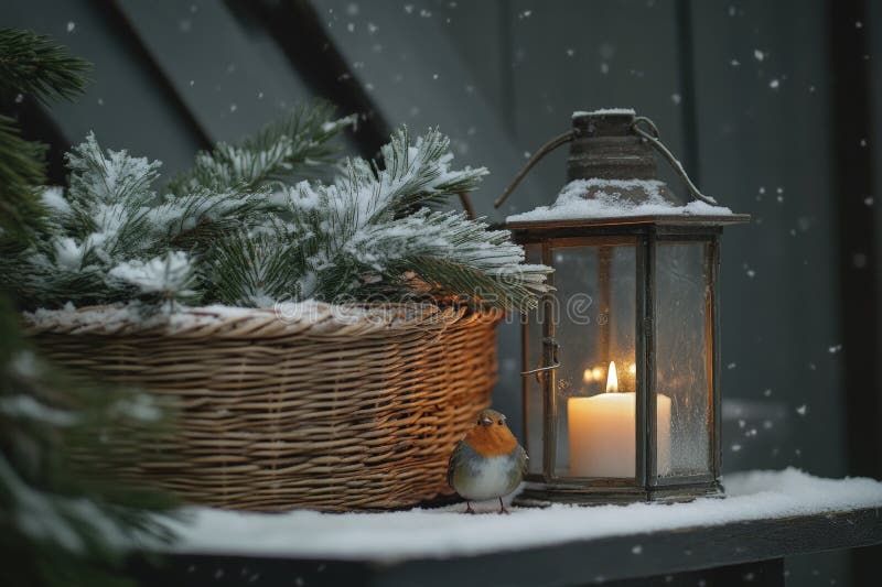 Cozy Winter Scene with Robin, Lantern, and Snow-dusted Pine Basket ...