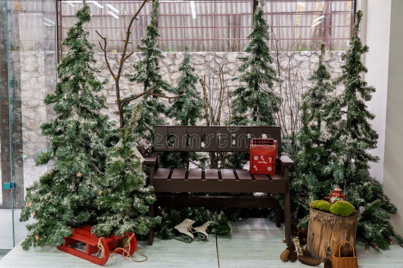 Cozy Winter Scene with Snow-Dusted Trees and Rustic Bench Stock Photo ...