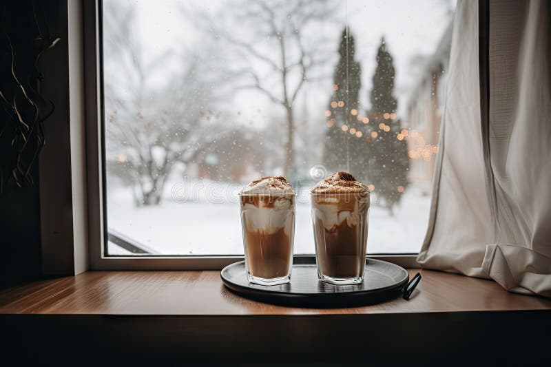 Cozy Winter Scene with Snow and Iced Coffee Lattes Stock Illustration ...